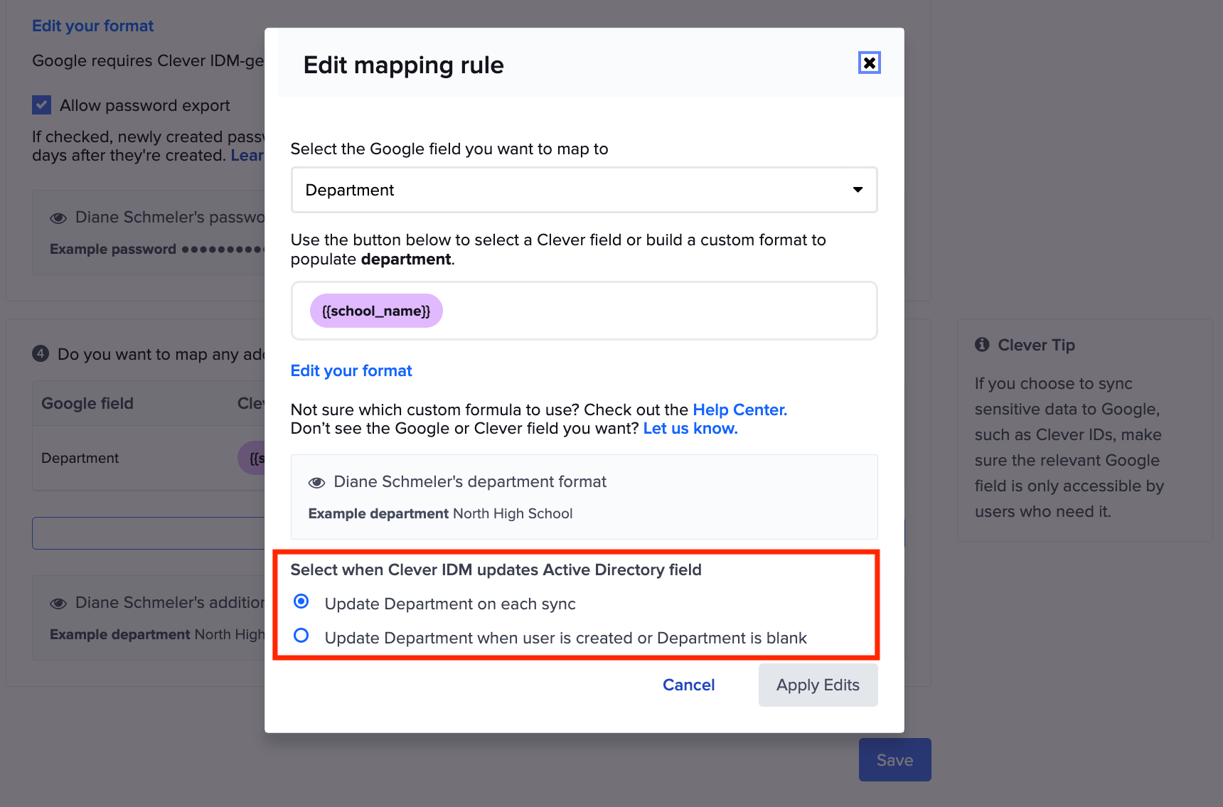 Clever IDM: Setting login credentials